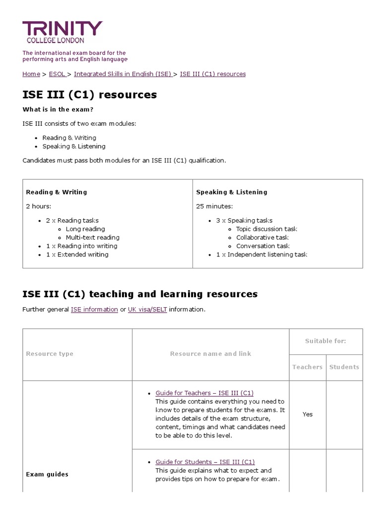 Trinity College London - IsE III (C1) Resources | PDF | Test ...