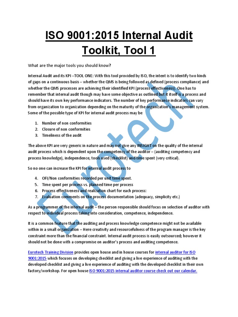 ISO 9001:2015 Internal Audit Toolkit, Tool 1 | PDF
