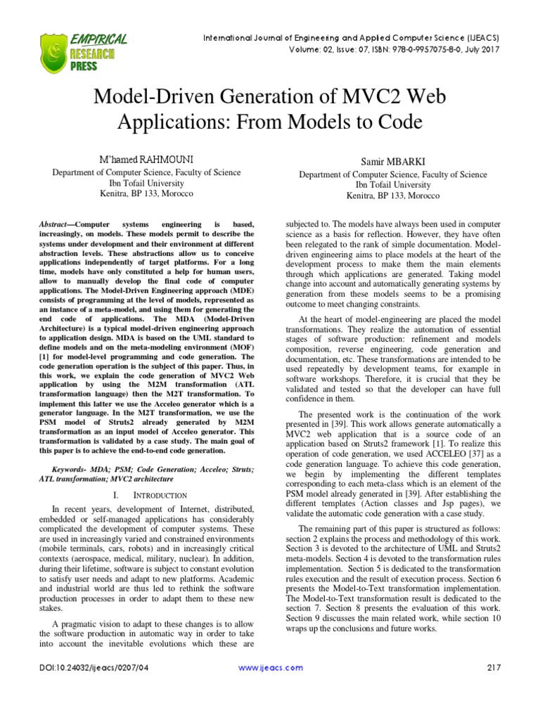 Model Driven Generation Of Mvc2 Web Applications From Models To Code Pdf Software