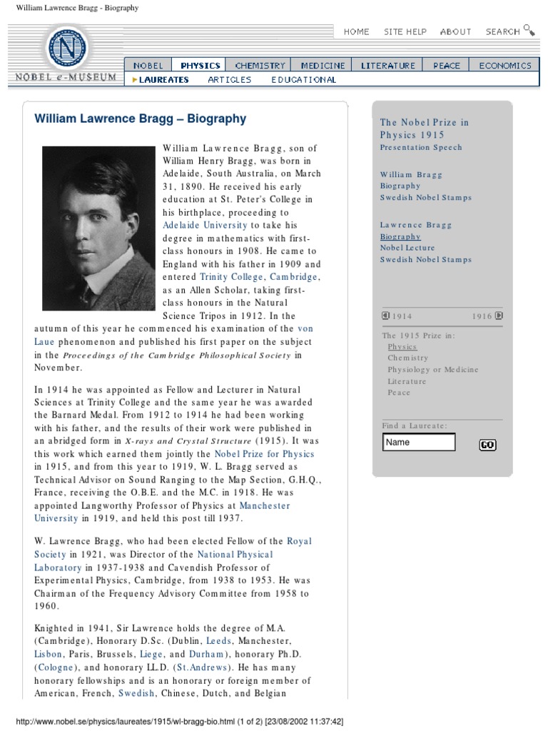 William Lawrence Bragg, Son of | PDF | Nobel Prize | Science And Technology