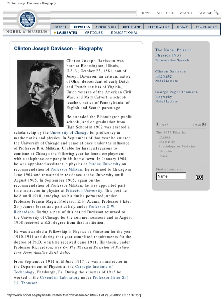 Clinton Joseph Davisson Was | PDF | Nobel Prize | Science And Technology