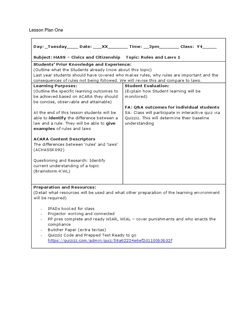 A2 - Lesson Plan One | PDF | Lesson Plan | Education Theory