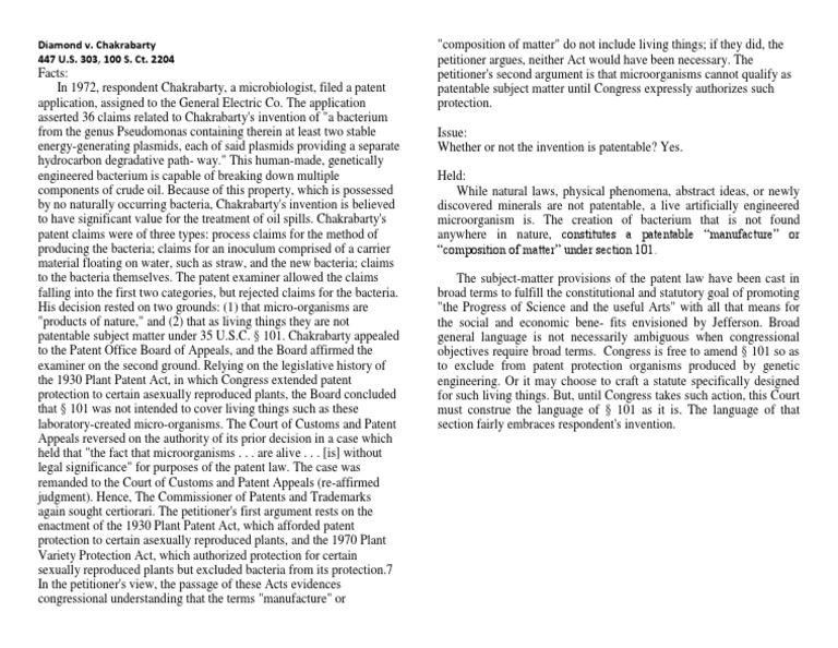 Diamond vs. Chakrabarty | PDF | Monopoly (Economics) | Patent Law