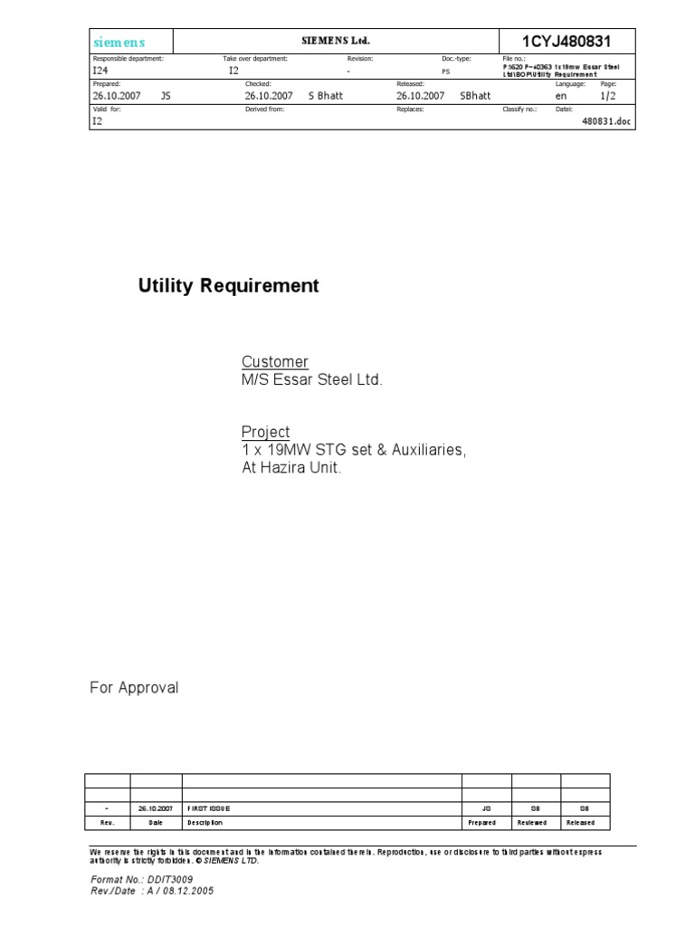 Utility Requirement: Siemens | PDF | Valve | Energy Technology