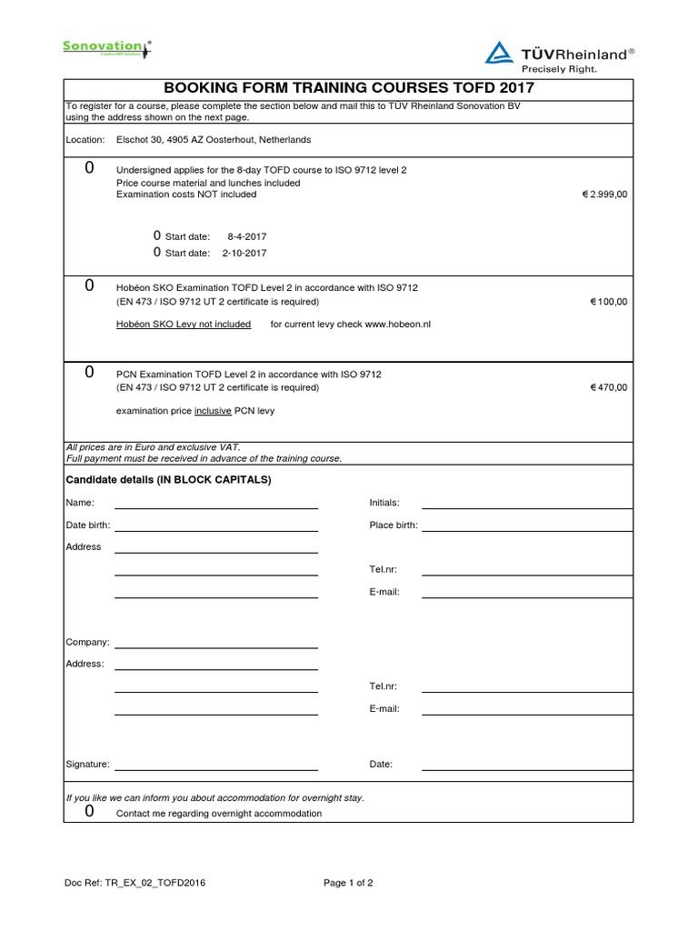 Tuv Rheinland Tofd Course 2017 Booking Form en | PDF | Business