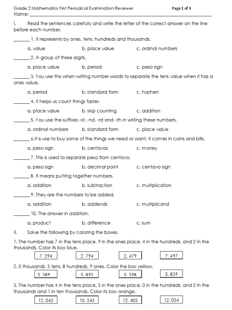 Grade 2 Mathematics First Periodical Examination Reviewer | PDF ...
