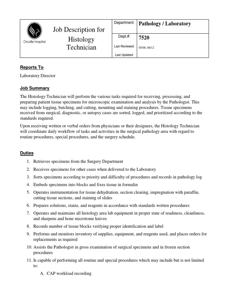 Histology Technician Job Description | PDF | Histology | Staining