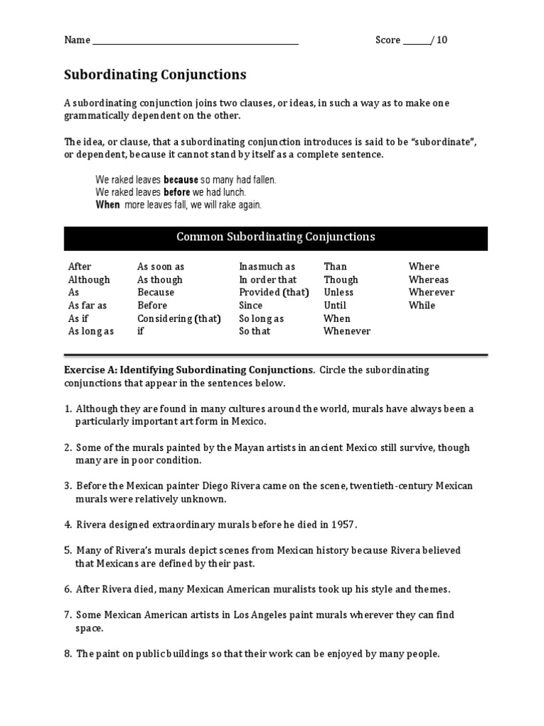 Subordinating Conjunctions Worksheet PDF | PDF | Mural | Paintings