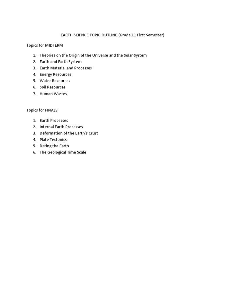 Earth Science Topic Outline (Grade 11 First Semester) | PDF