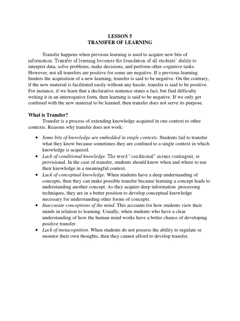 Promoting Positive Transfer of Learning: Understanding Critical ...