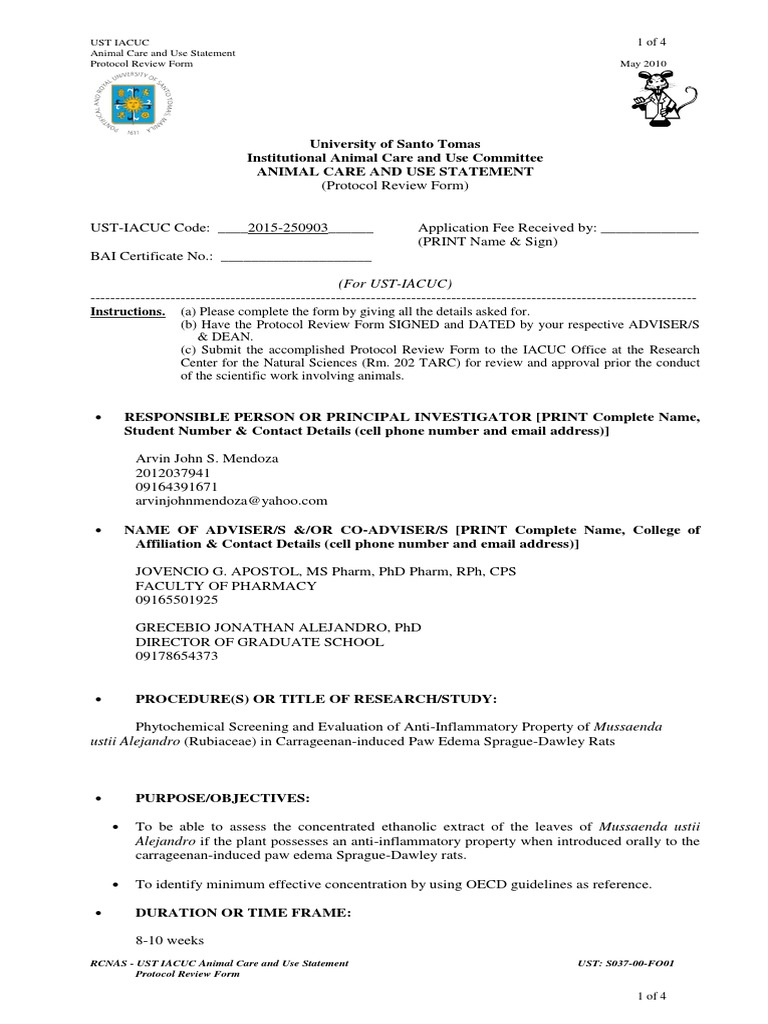 Iacuc Form | PDF | Inflammation | Dose (Biochemistry)