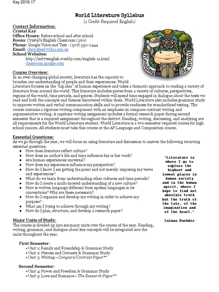 World Literature Syllabus | PDF | Homework | Classroom