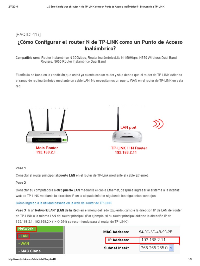 ¿Cómo Configurar El Router N de TP-LINK Como Un Punto de Acceso Inalámbrico_ - Bienvenido a TP-LINK