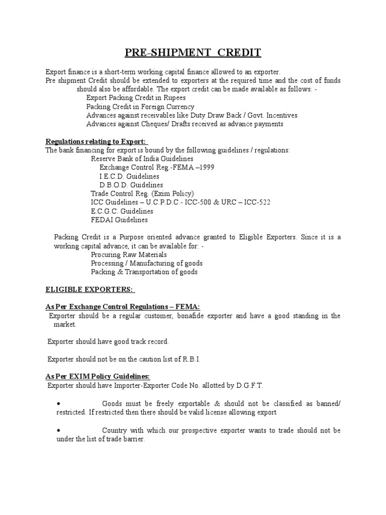 Pre-Shipment Credit Guidelines | PDF | Exports | Credit