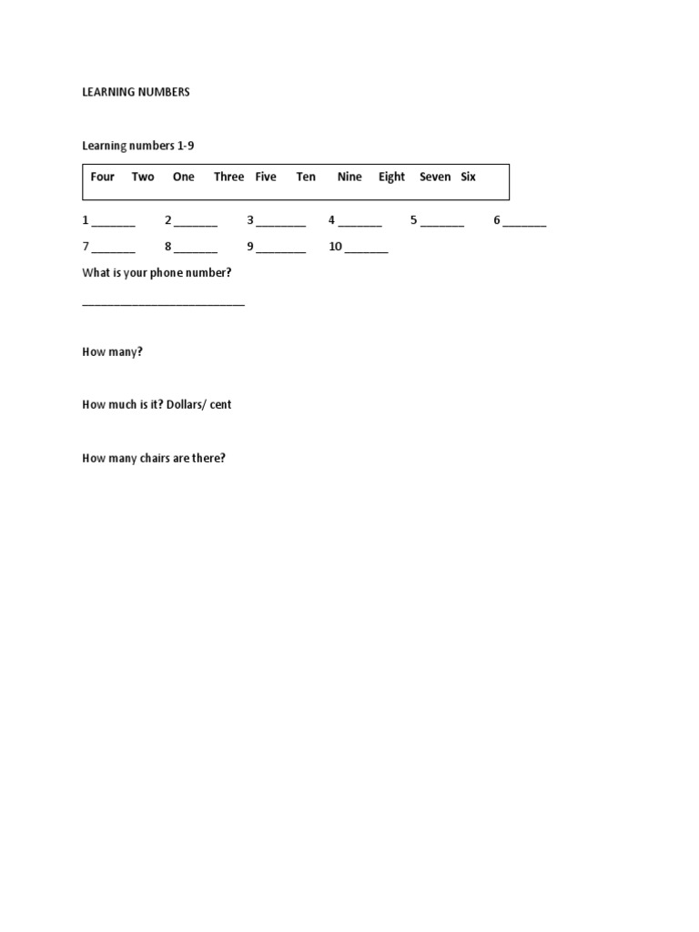 ESL LEsson 2 Learning Numbers | PDF