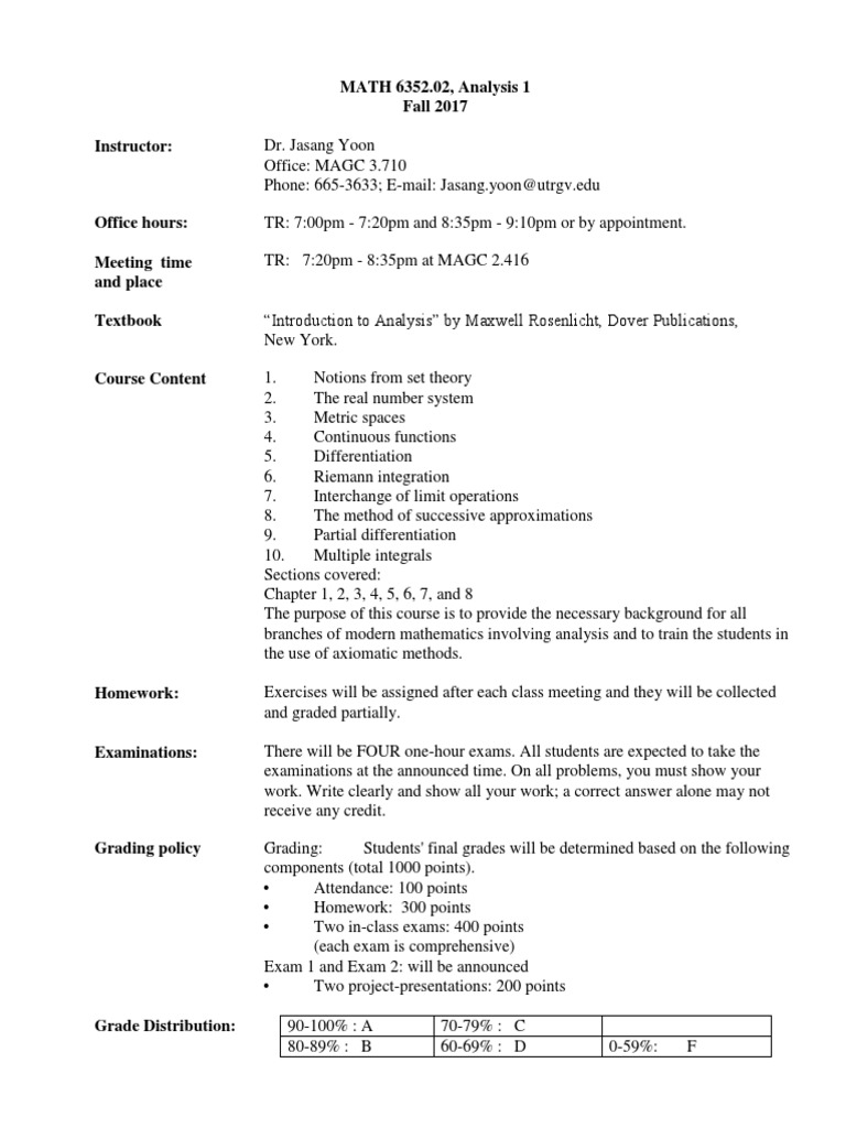 Analysis I - Syllabus | PDF | Academic Dishonesty | Mathematical Analysis