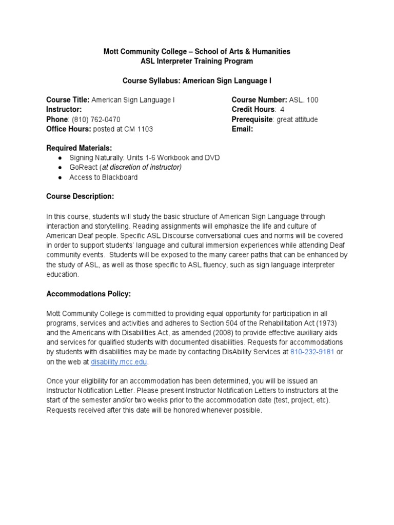 ASL I Course Syllabus at Mott College | PDF | American Sign Language ...