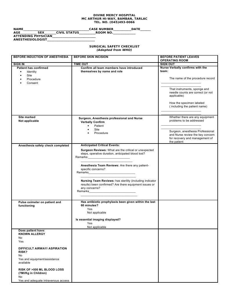 Who Surgery Checklist | PDF | Surgery | Anesthesia