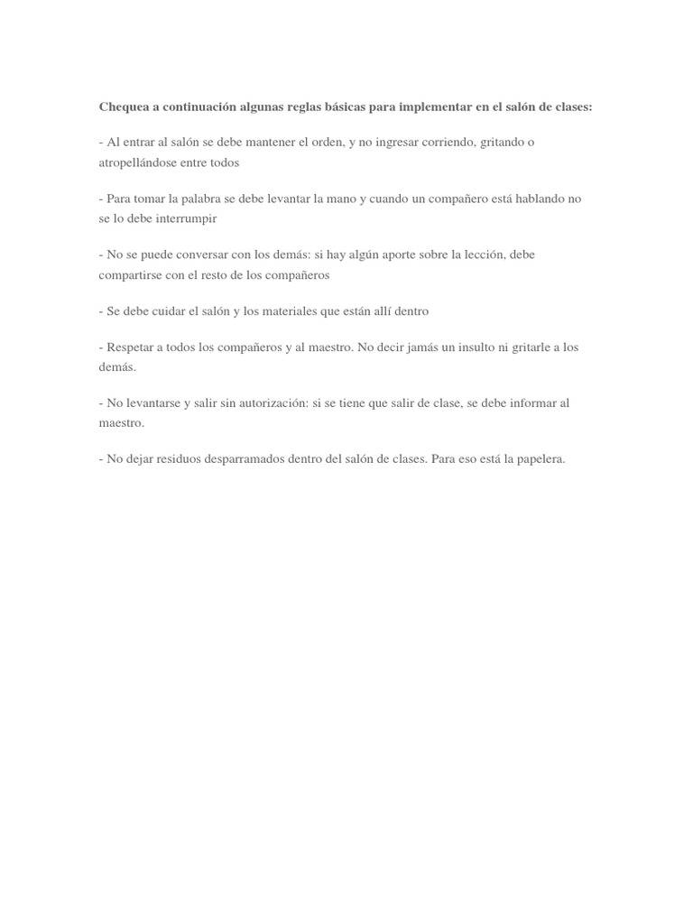 Reglas Básicas para Implementar en El Salón de Clases | PDF
