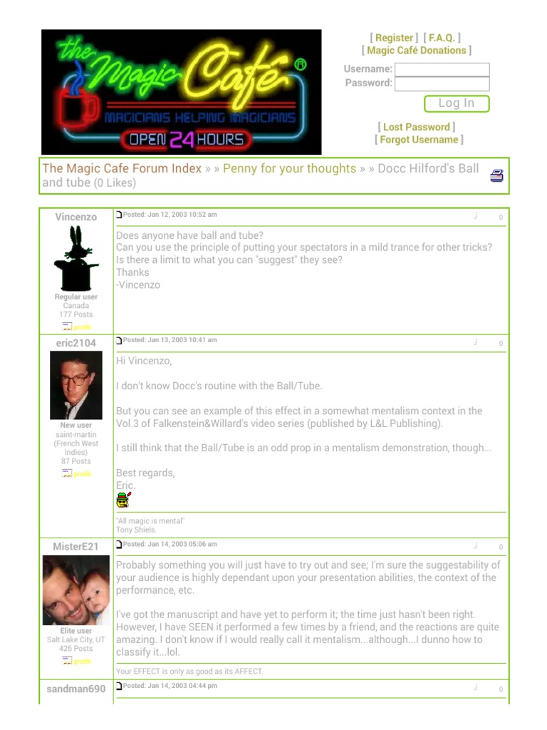The Magic Cafe Forums - Docc Hilford's Ball and Tube | PDF | Mentalism | Magic (Illusion)