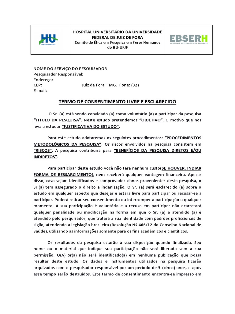 Modelo de Tcle Cep Hu Ufjf 2016 | PDF | Science | Ciência (geral)