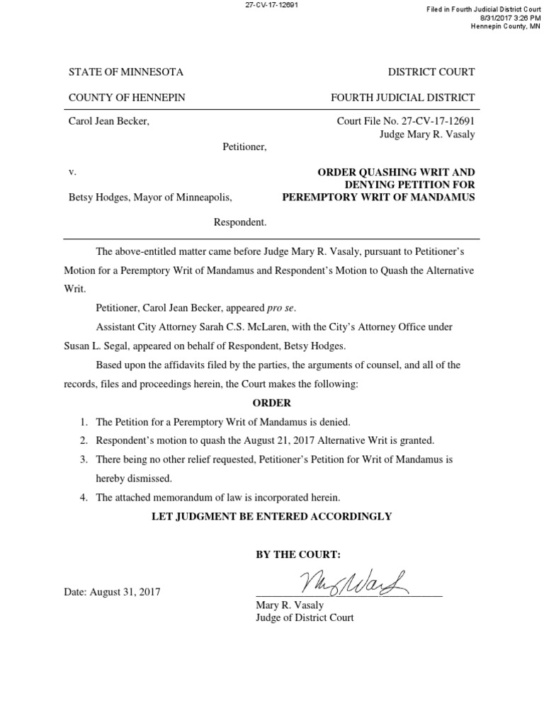 17-12691 Becker v. Hodges (Order Quashing Writ and Dismissing Petition ...