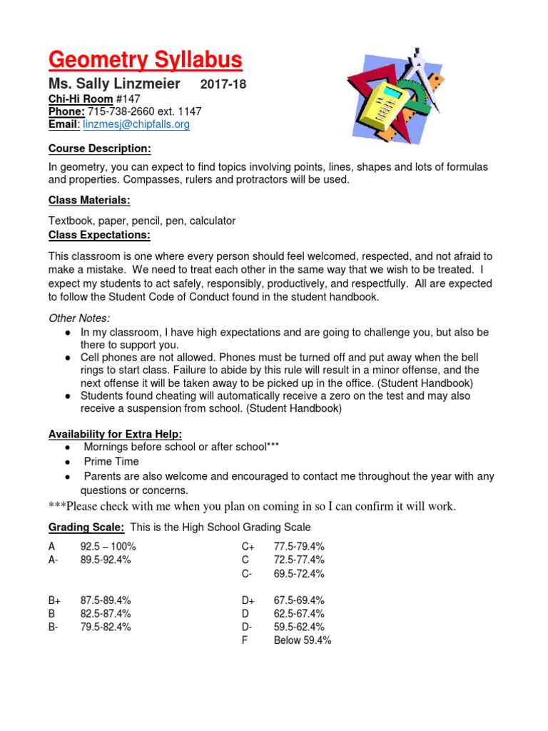 2017-18 Geometry Course Syllabus | PDF | Educational Assessment | Homework