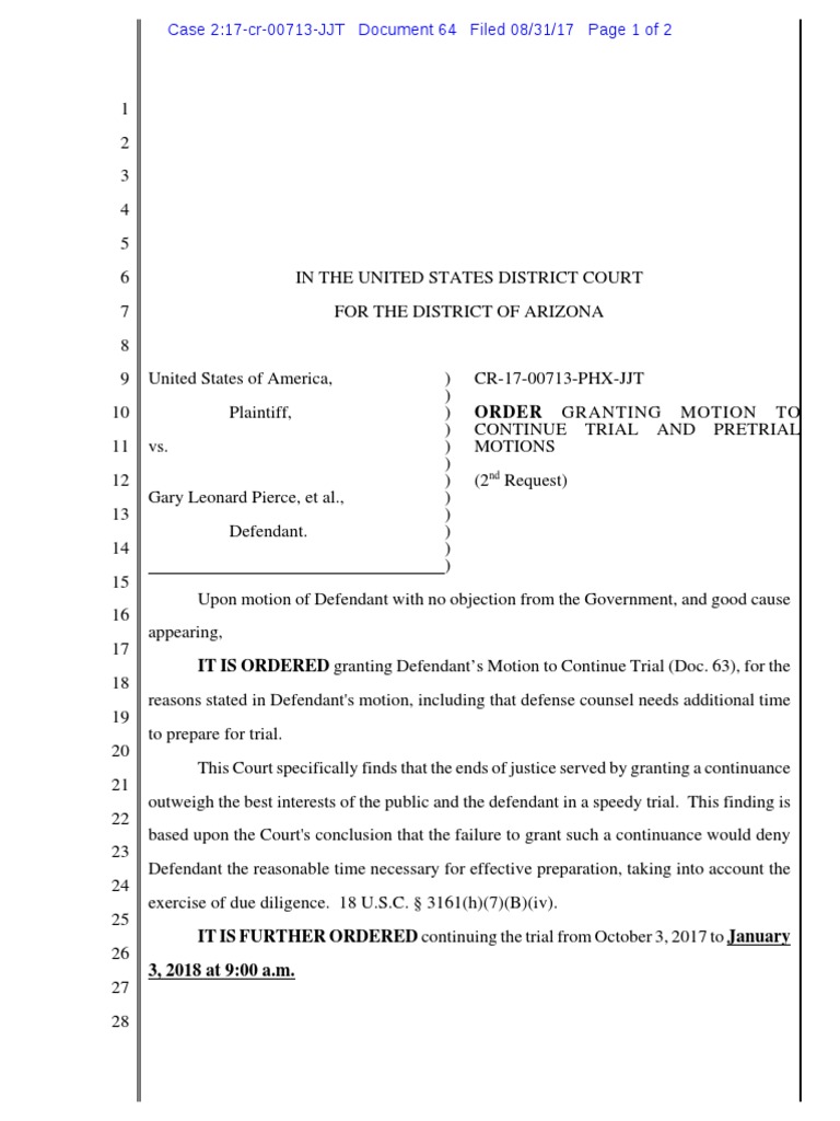 US Vs Pierce, Norton, Et Al - Order Continuing Trial | PDF ...