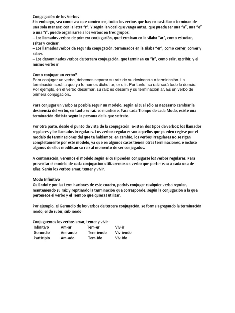 Congugación De Los Verbos Pdf Conjugación Gramatical Verbo