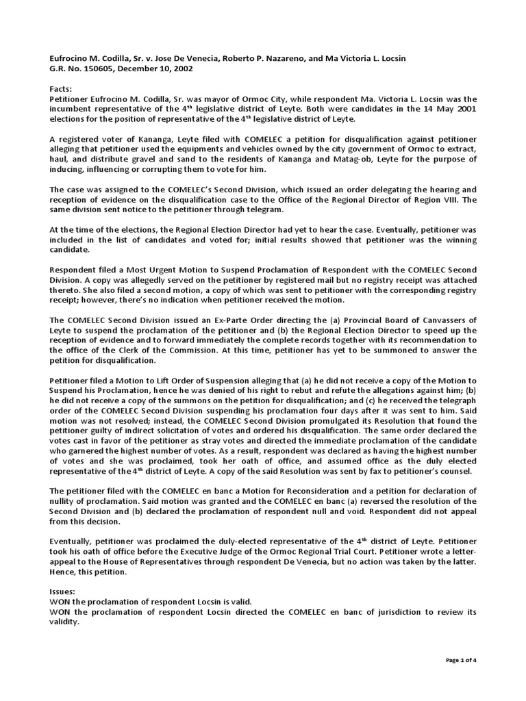 Eufrocino M. Codilla, Sr. v. Jose de Venecia | PDF | Mandamus | Commission On Elections ...