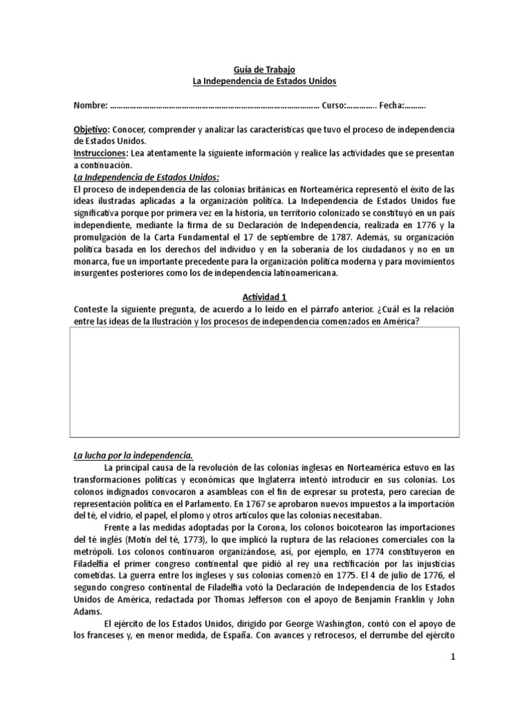 Guia Independencia de Estados Unidos | PDF | Declaración de ...