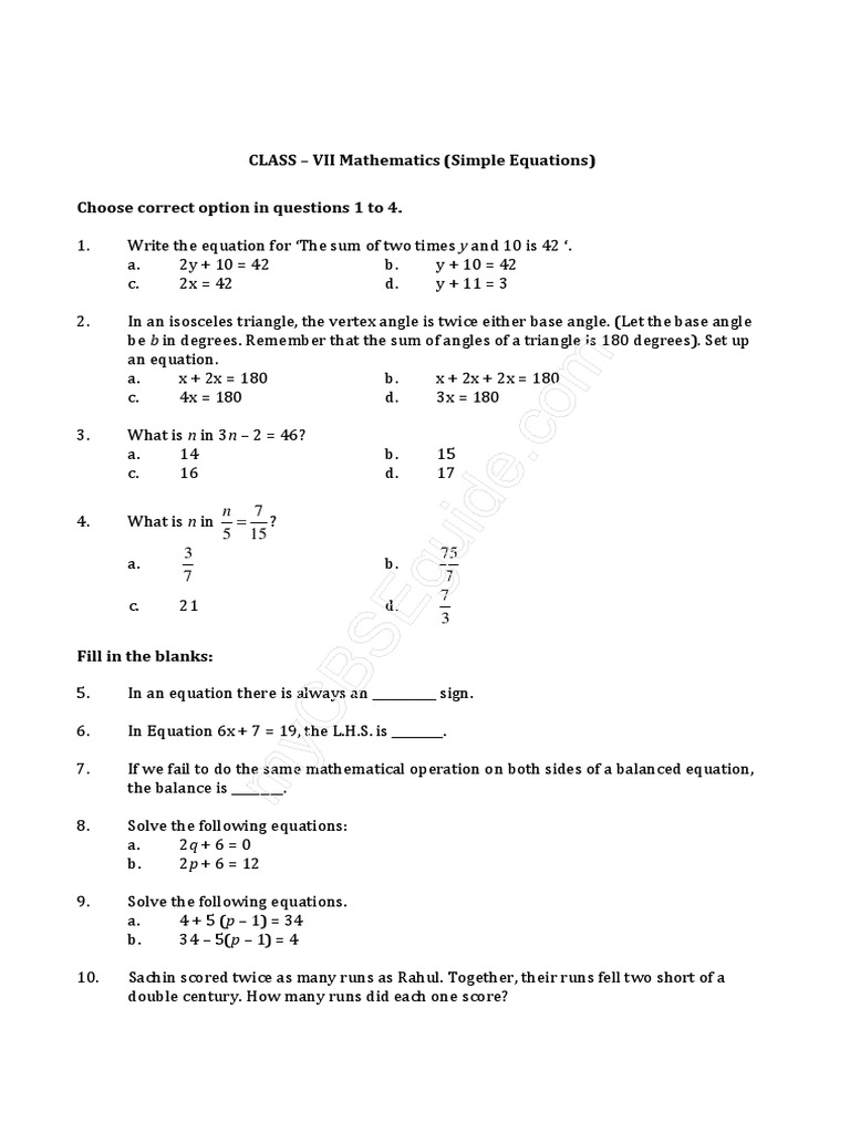 Class 7 Simple Equations Worksheet | PDF