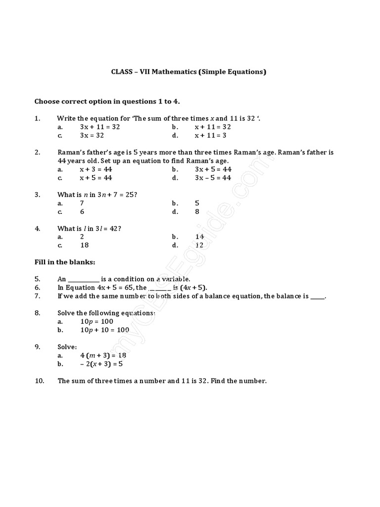 07 Maths Ws 04 Simple Equations 01 | PDF | Teaching Methods & Materials