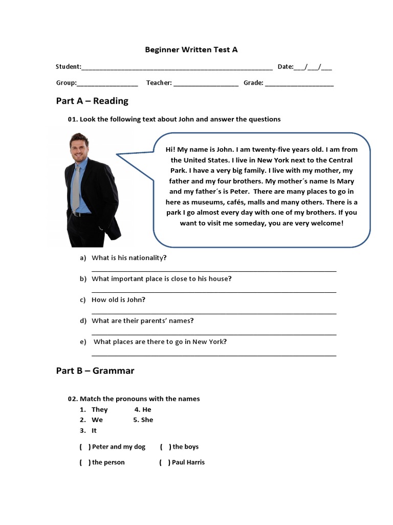 Beginner Written Test AB | PDF | Languages | Language Arts & Discipline