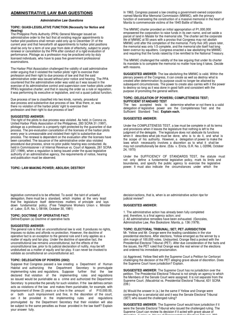 Administrative Law Bar Exam Questions | PDF | Supreme Courts | Due ...
