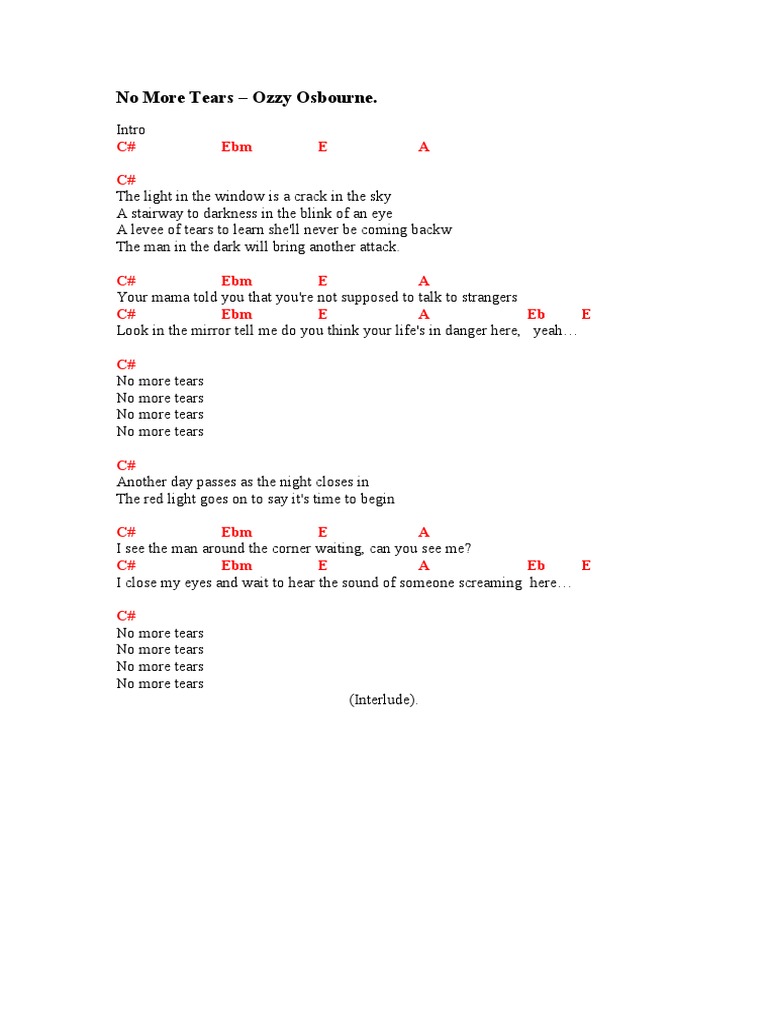 Ozzy Osbourne No More Tears Lyrics