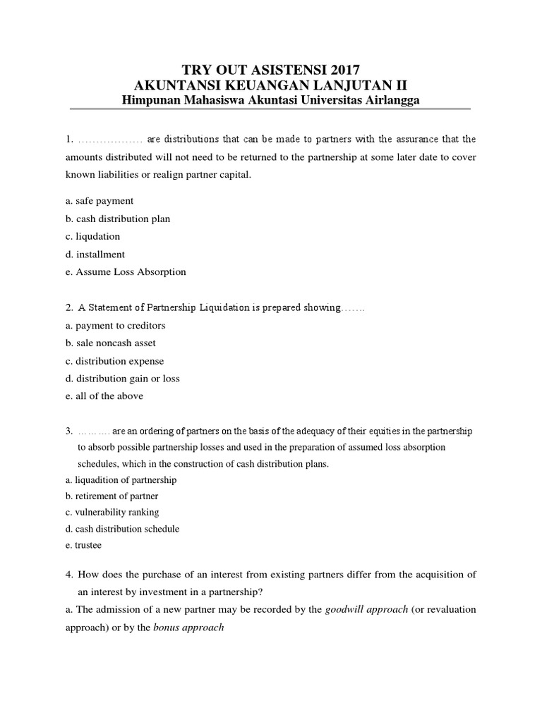 Soal Try Out Akl 2 | PDF | Partnership | Goodwill (Accounting)