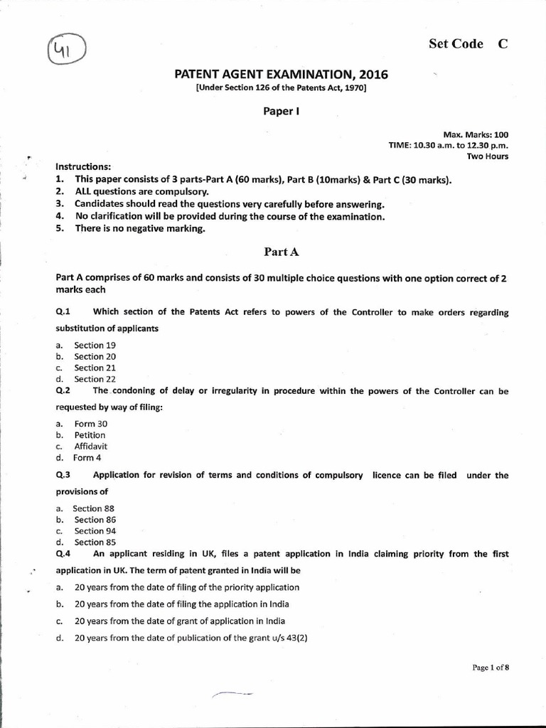 Patent Agent Examination, 2016: Set Code C | PDF | Patent Application ...