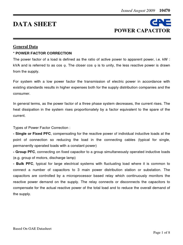Power Capacitor Data Sheet | PDF | Ac Power | Capacitor
