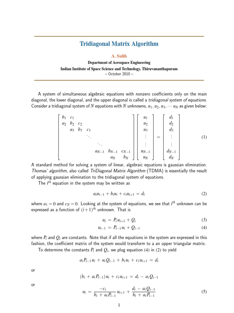 Tridiagonal Matrix Algorithm: A. Salih | PDF | Equations | Mathematics Of Computing