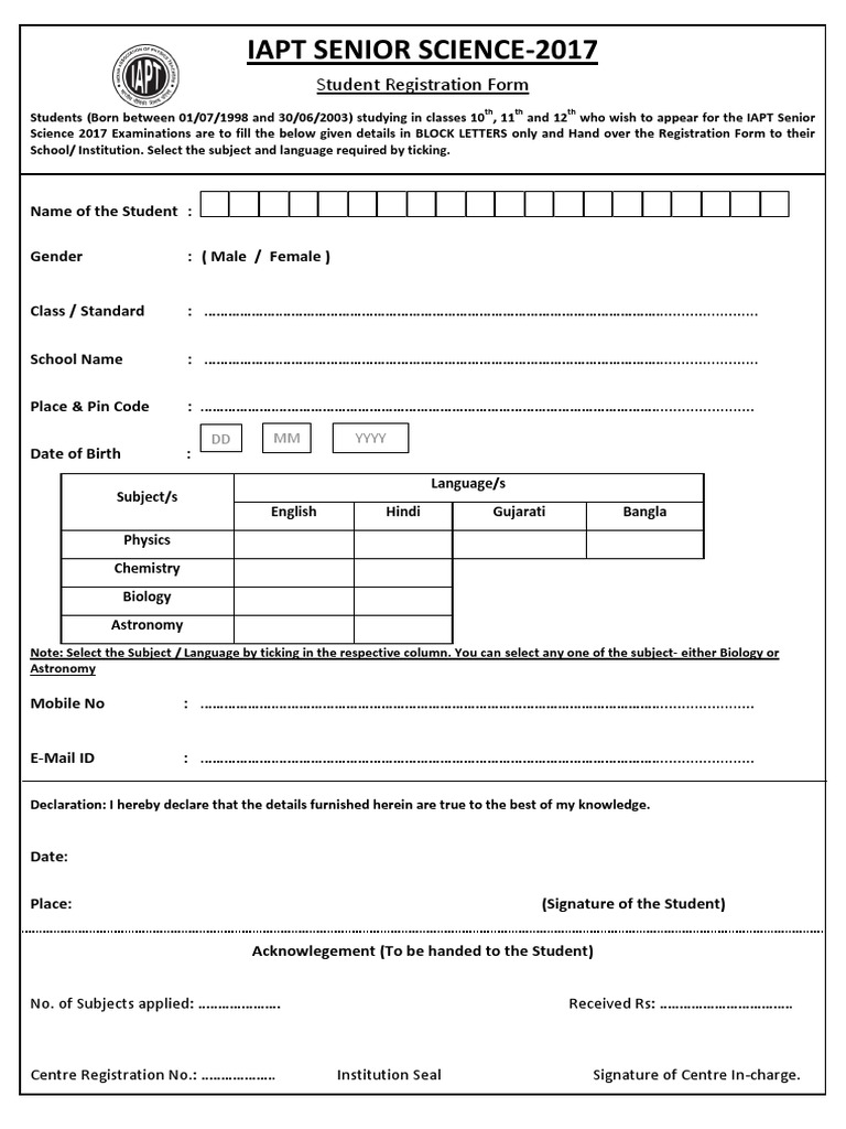 IAPT Senior Science 2017 Registration Form | PDF | Career & Growth