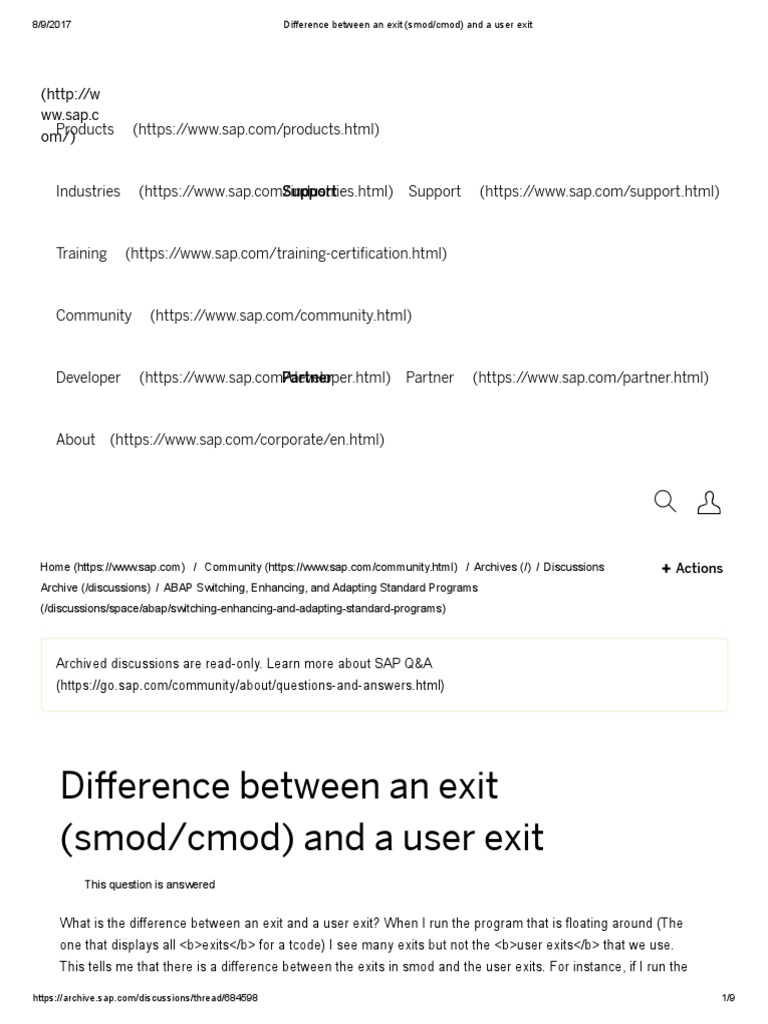 Difference Between An Exit Smod Cmod And A User Exit Pdf Subroutine Areas Of Computer 4522