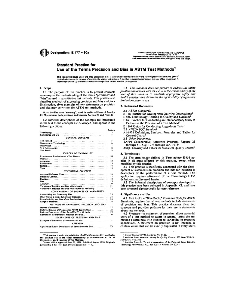 ASTM E 177 - 90a Standard Practice For Use of The Terms Precision PDF | PDF