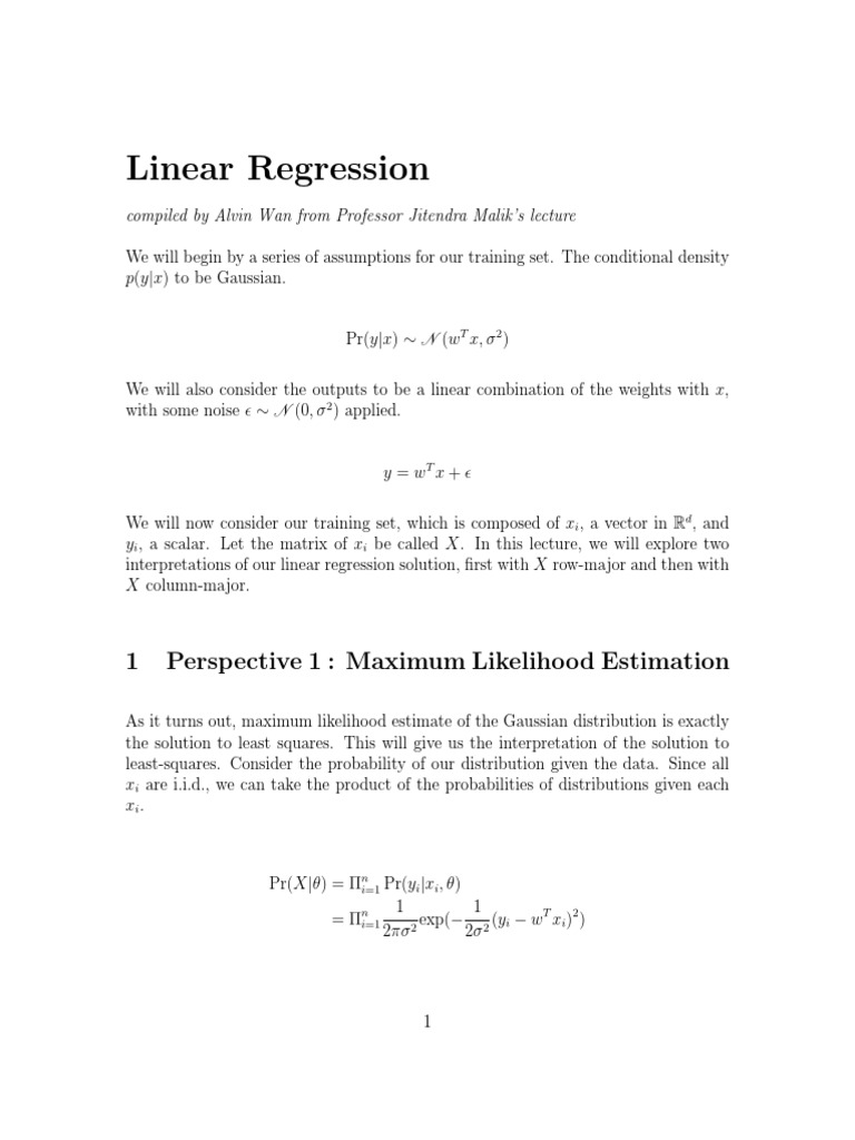 Linear Regression: 1 Perspective 1: Maximum Likelihood Estimation | PDF ...