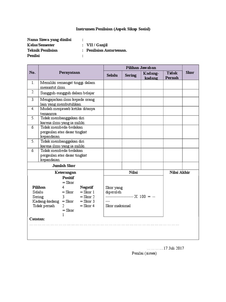 Contoh Instrumen Penilaian (Aspek Sikap Sosial) | PDF