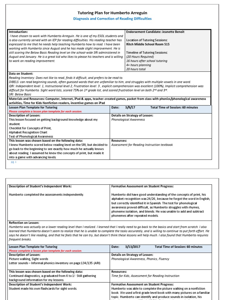 Tutoring Plan for Humberto Arreguin | PDF | Phonics | Reading Comprehension