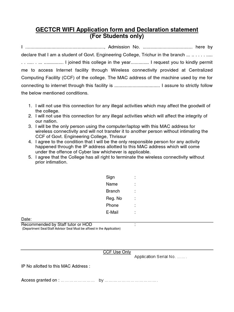 GECTCR Student WiFi Access Form | PDF | Technology & Engineering