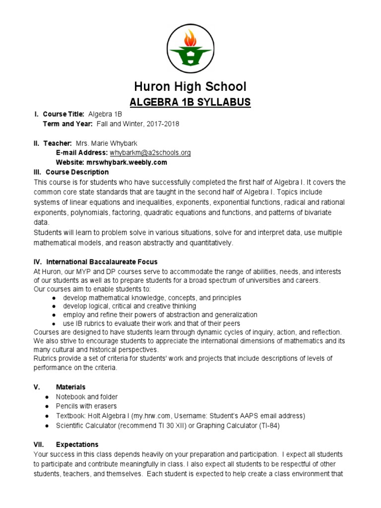 Alg 1b Syllabus Whybark-2017 | PDF