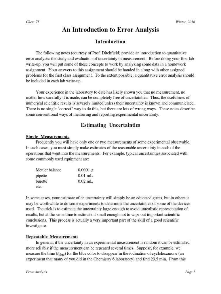 An Introduction To Error Analysis: Chem 75 Winter, 2016 | PDF ...