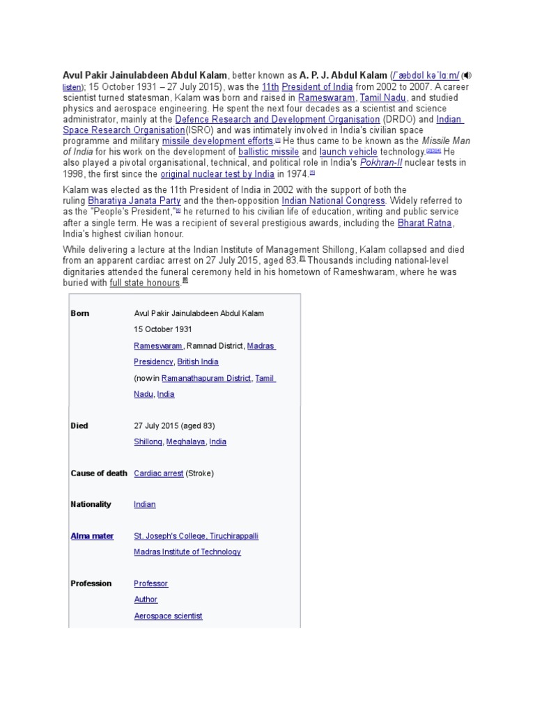 Avul Pakir Jainulabdeen Abdul Kalam | PDF